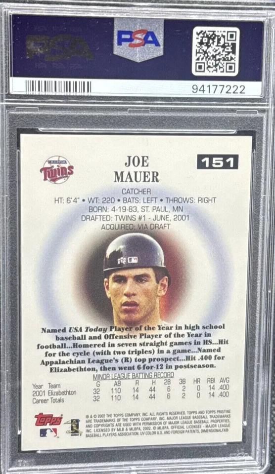 Joe Mauer 2002 Topps Pristine RC Rookie Card #151 PSA 10 GEM MT | eBay