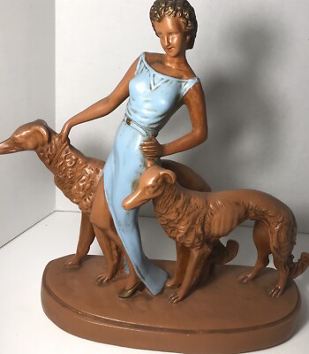 Vtg ABCO Alexander Backer 40's-50's Chalkware “Lady ~ 2 Dogs” 12-3/8” X ...