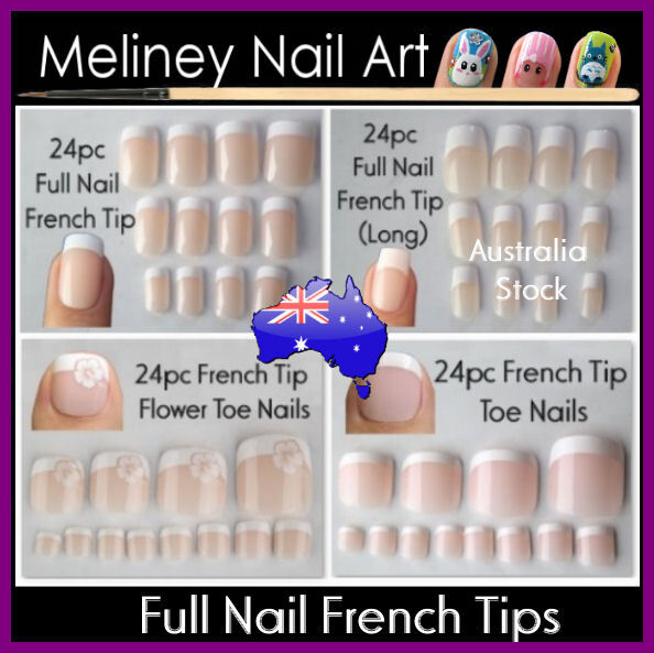 24pc Square French Tips Full Nails Cover Press On Toe Stick DIY Cute ...