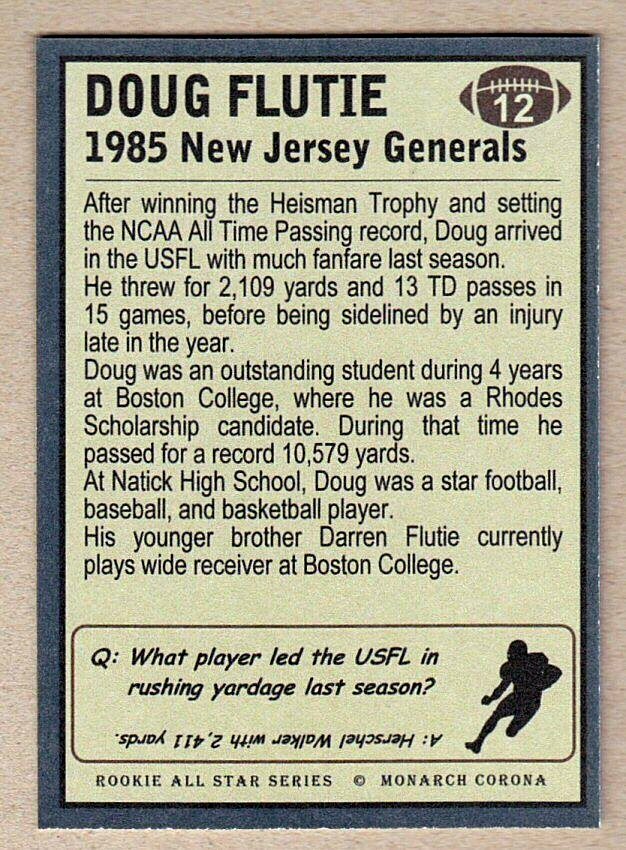 Doug Flutie NJ Generals USFL / MC Rookie All Star #12 / FREE SHIP / NM+ ...