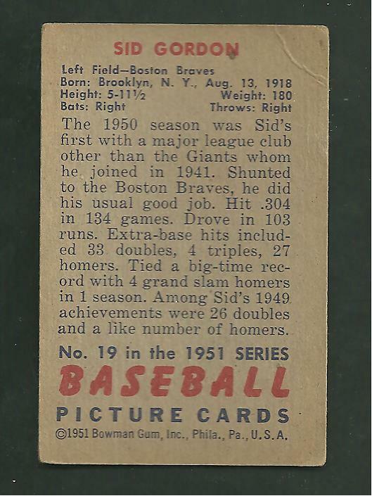 1951 Bowman #19 Sid Gordon Vintage Baseball Card Boston Braves Left ...