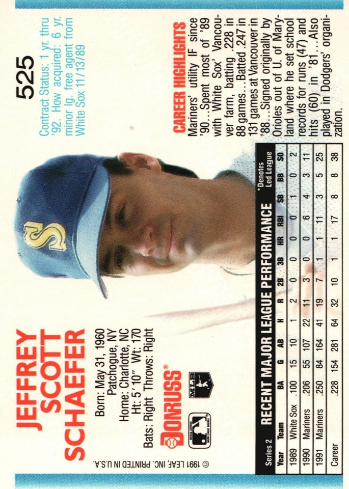 1992 Donruss Seattle Mariners Baseball Card #525 Jeff Schaefer | eBay