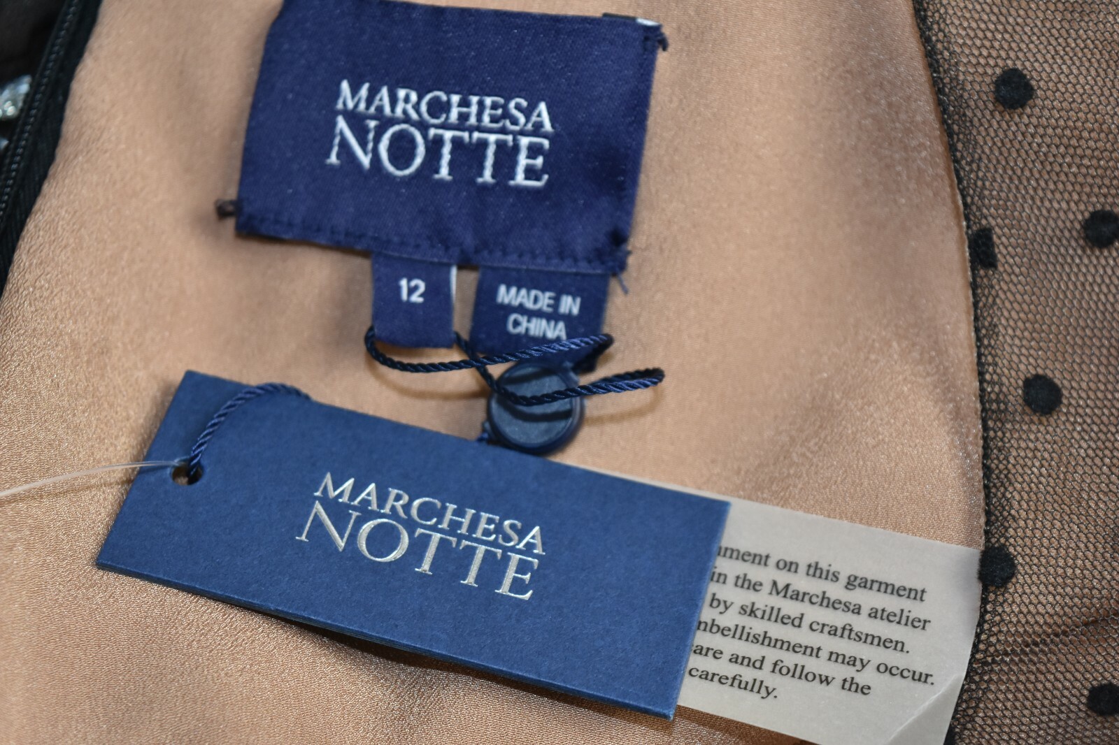 $1095 NEW Marchesa Notte Sheer Sleeve Gold Embroidered Gown Black Dress ...