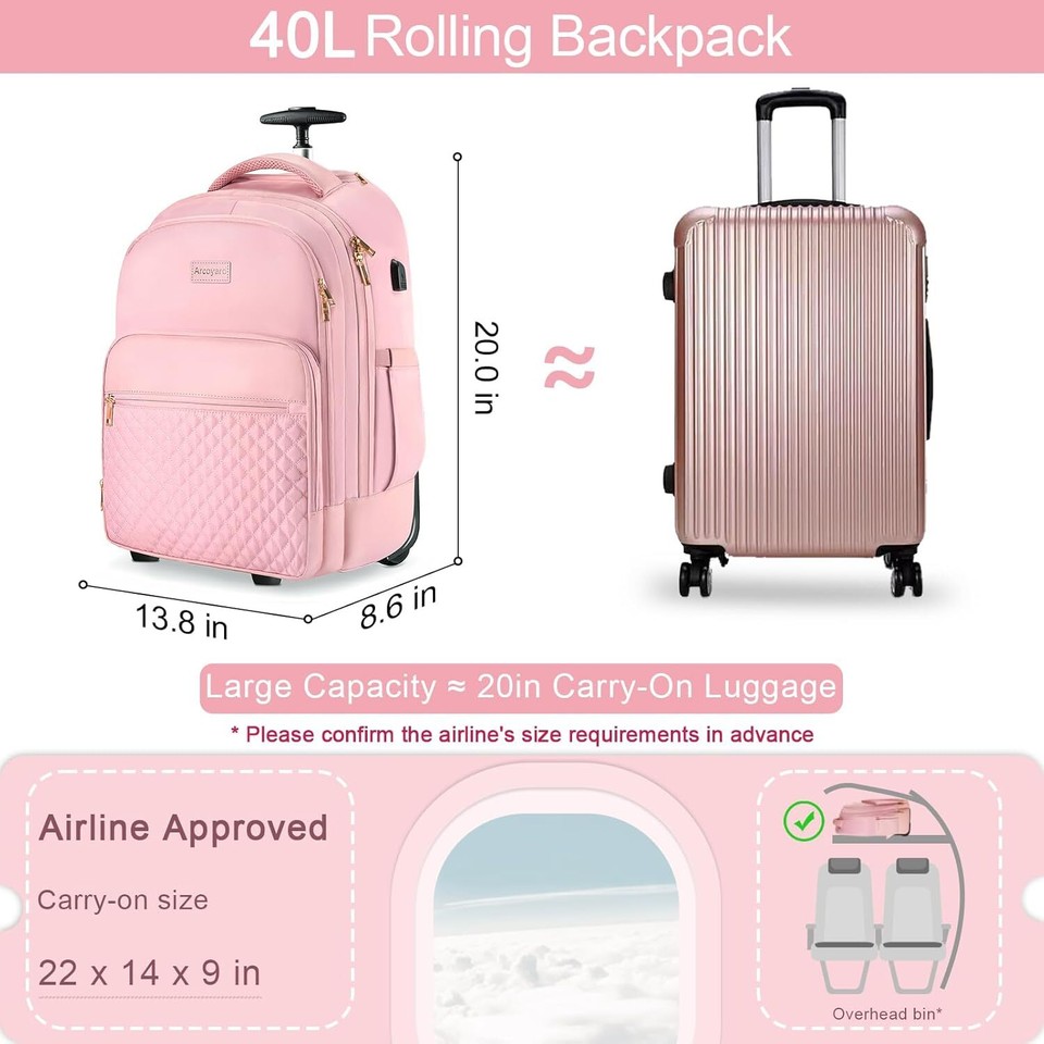 Rolling Backpack Carry On Luggage For Adults With Wheels, 40L Wheeled ...