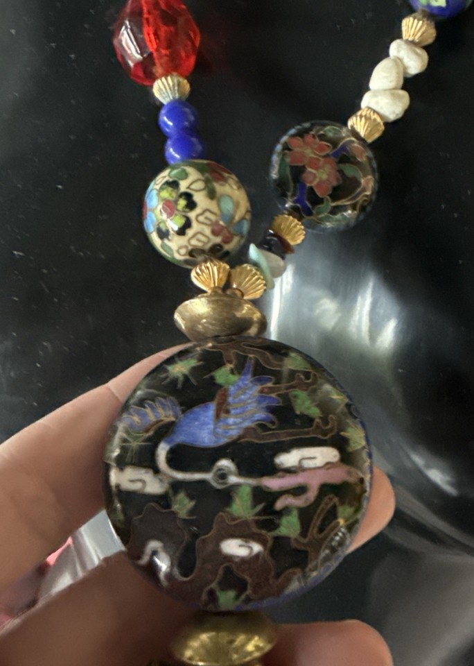 Heavy Vintage Chinese Cloisonne Enamel Jade Cinnabar Quartz Bead ...