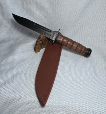 USMC Replica Fixed Blade Knife Blade Stacked Leather Handle W/Sheath ...