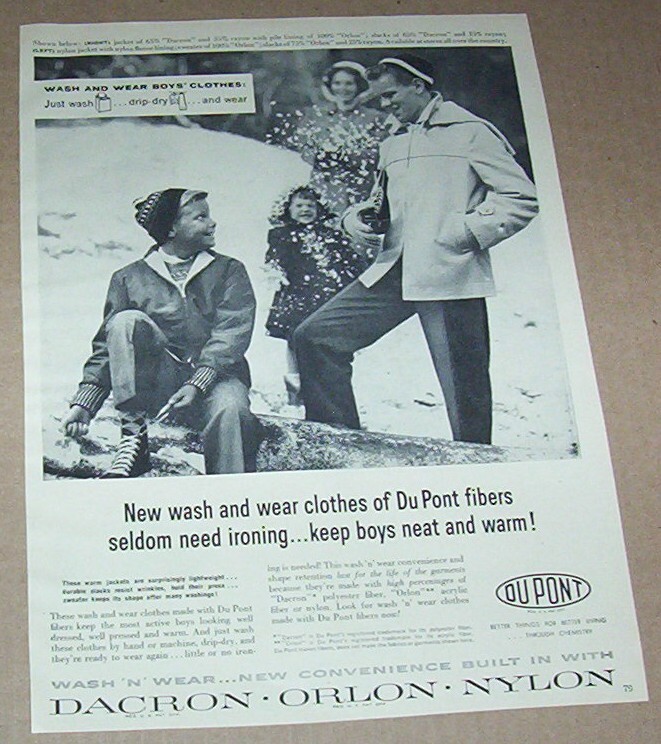 1957 print ad -DuPont fibers boys clothing Dacron Orlon Nylon family ...