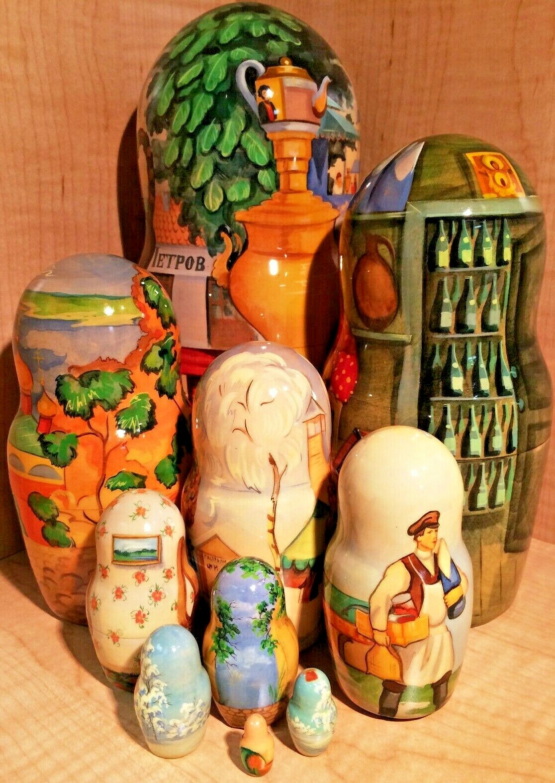 BORIS KUSTODIEV PAINTING 10" EUROPEAN NESTING DOLL MATRYOSHKA 10PC RARE ...