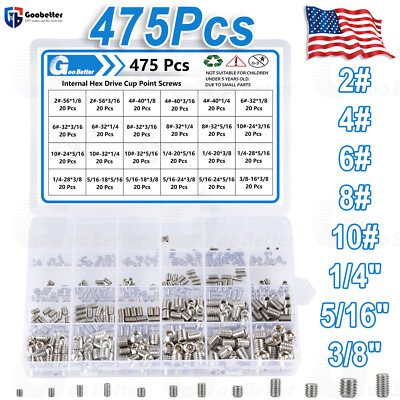 475Pcs SAE Set Screw Assortment Kit Internal Hex Cup-Point Allen Grub ...