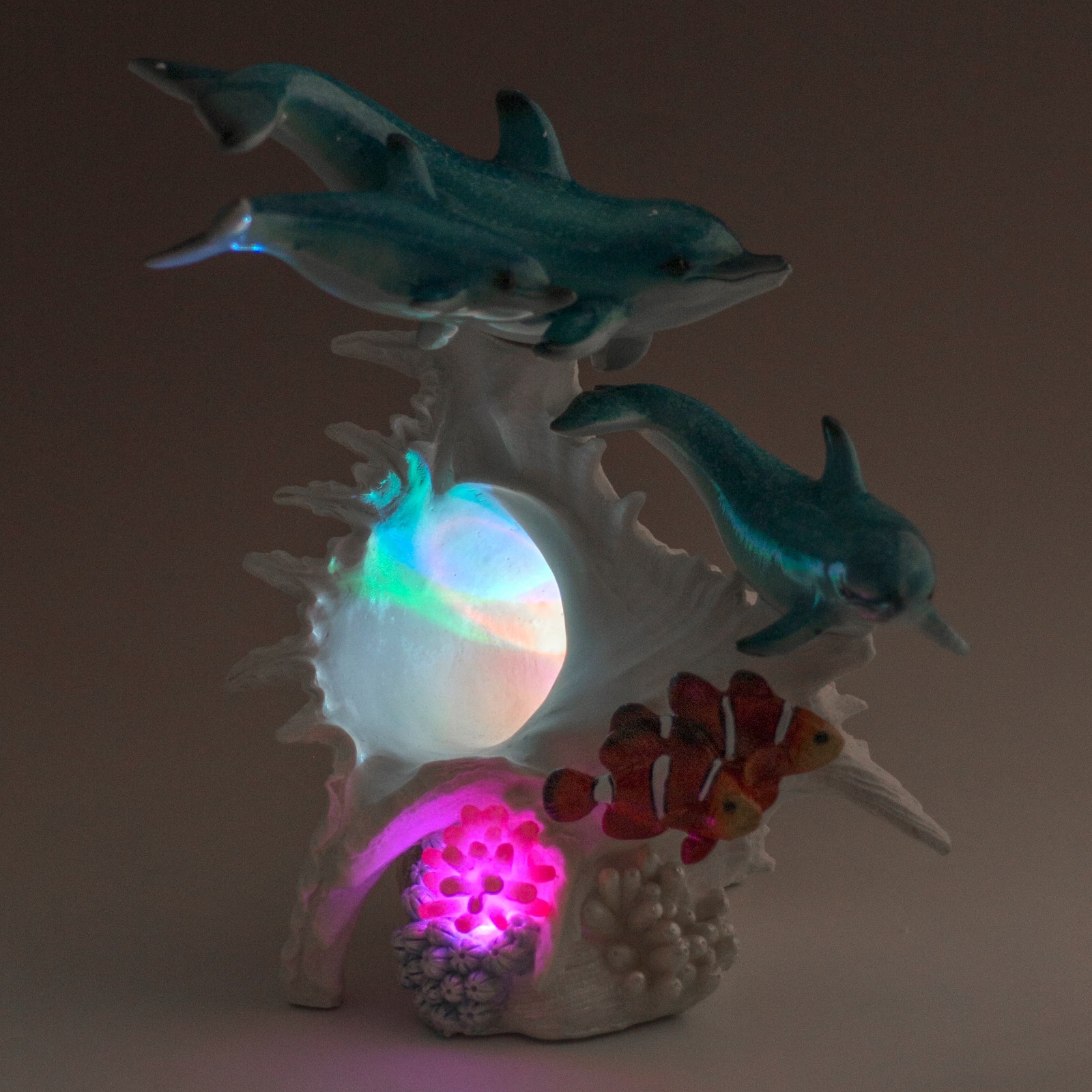 Blue Dolphins & Clown Fish Swimming Over LED Conch Shell Figurine ...