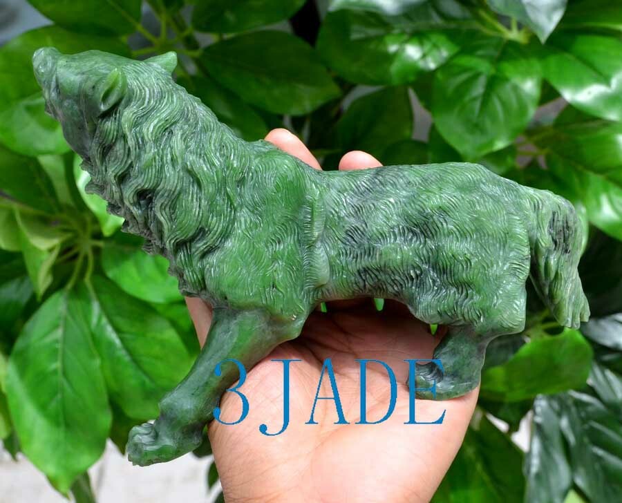 Green Nephrite Jade Wolf / Coyote Statue Detailed Carved Gemstone Wild ...