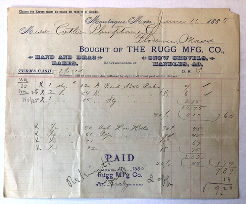MONTAGUE MA 1885 Billhead RUGG MANUFACTURING CO. Hand & Drag Rakes ...