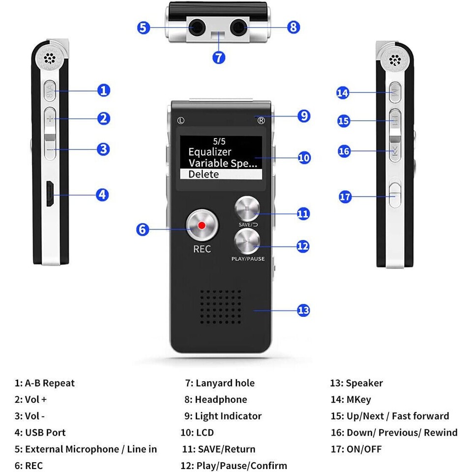 Digital Voice Recorder Dictaphone Audio MP3 Player Sound Voice Recording 8GB | eBay UK