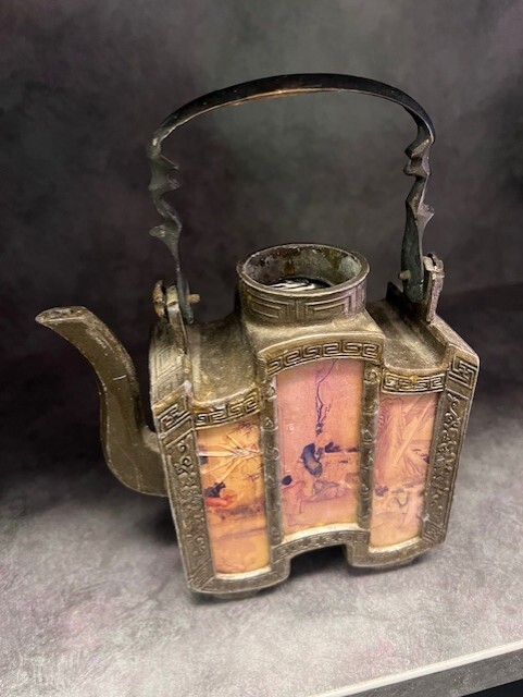 Vintage Asian Cast Iron Teapot 6 Painted Panels Ornate. Collectible ...