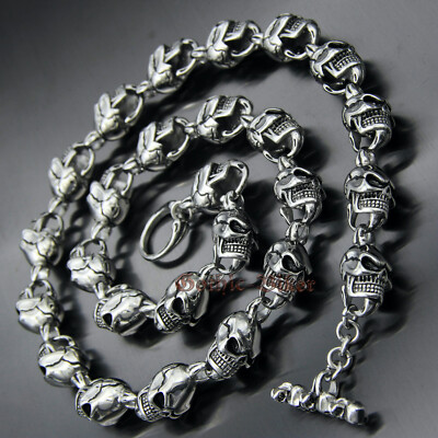 Men's Heavy Stainless Steel Skull Chain Link Necklace Retro Silver ...