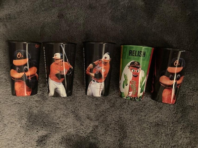 5 ORIOLES BEVERAGE CUPS KETSHUP,RELISH,MUSTARD,ADLEY RUTSCHMAN,GUNNAR ...