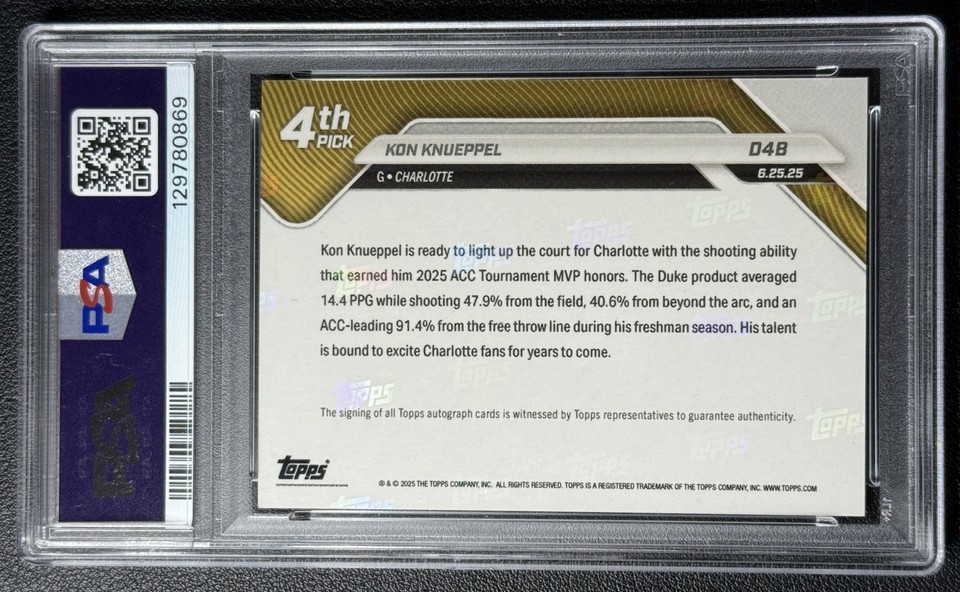 KON KNUEPPEL PSA 10 2025 TOPPS NOW DRAFT #D4B ROOKIE BLACK FOIL AUTO 01/10 RC | eBay