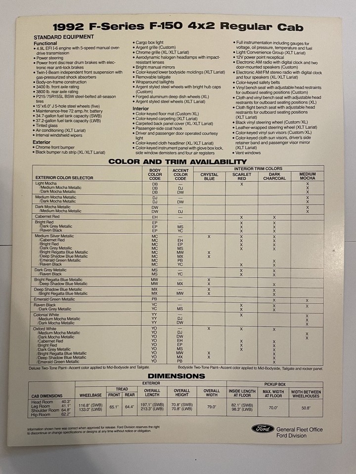 Ford 1992 F-Series F-150 4x2 Regular Cab Brochure Ad Vintage Truck ...