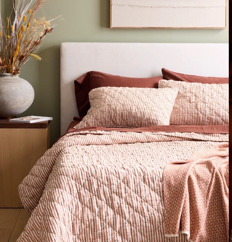 Quince King European Linen Box Quilt Set Terracotta White Stripe NWOT ...