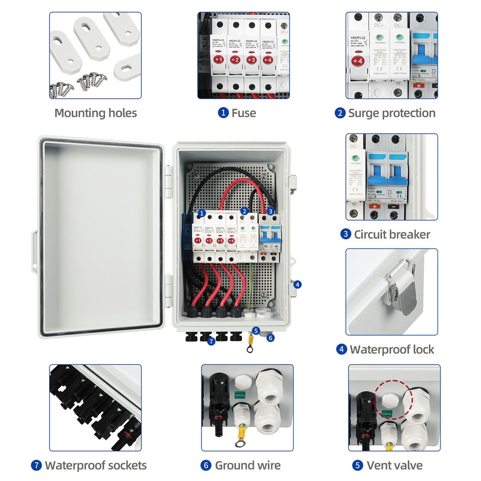 4String Waterproof Solar PV Combiner Box 63A Circuit Breaker Solar ...