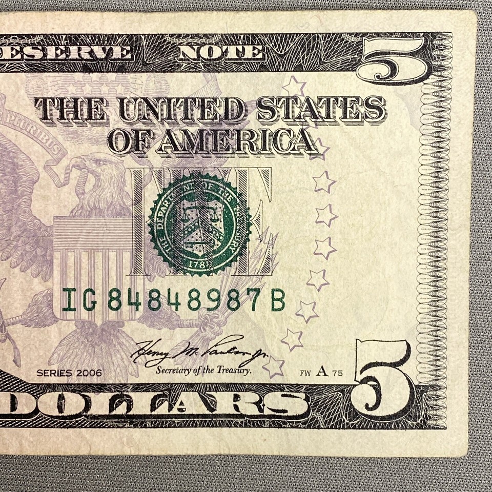 Lucky Alternator 8s Fancy Serial Number IG 84848987 B Five Dollar Bill ...