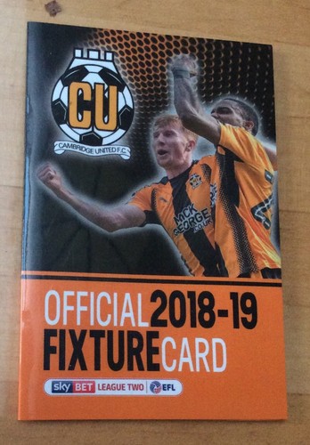 Cambridge United Football Fixture Card 2018-2019 Season EFL Sky Bet ...