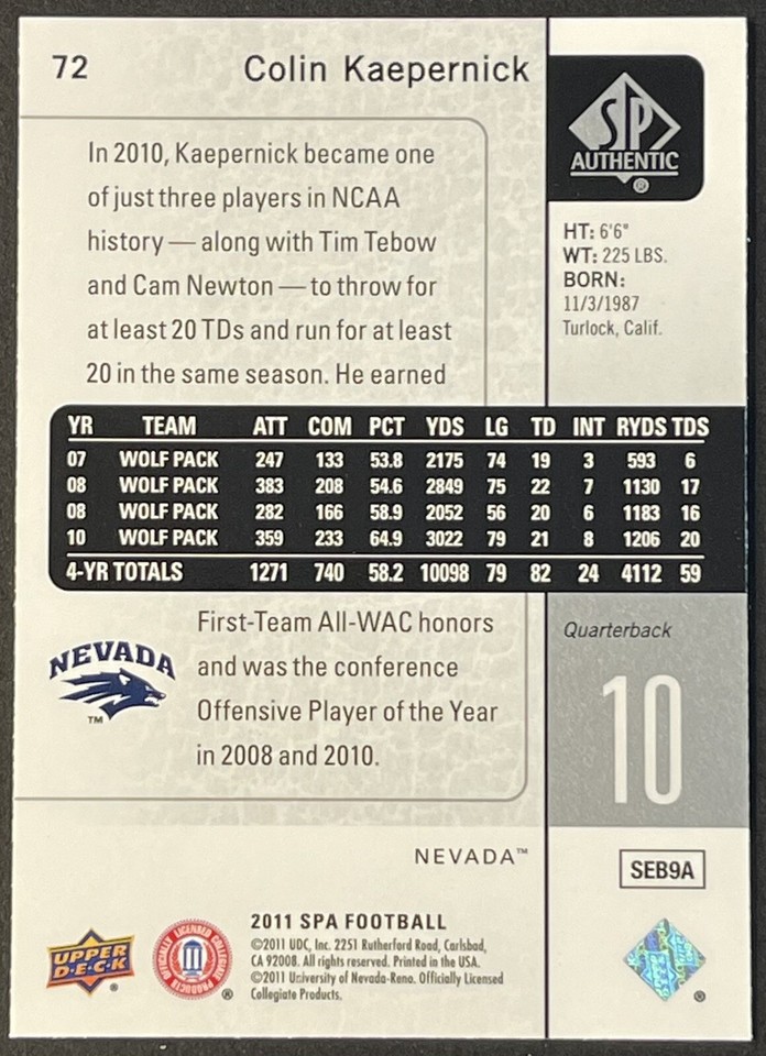2011 Upper Deck SP Authentic #72 COLIN KAEPERNICK Nevada Wolf Pack | eBay