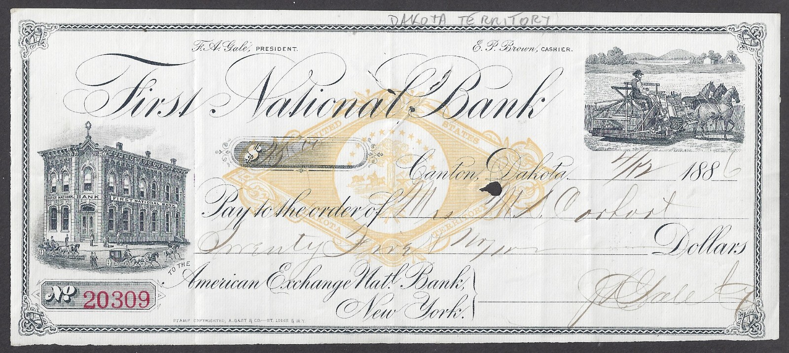 CANTON, DAKOTA TERRITORY ~ FIRST NATIONAL BANK ~ ILLUSTRATED BANK CHECK ...