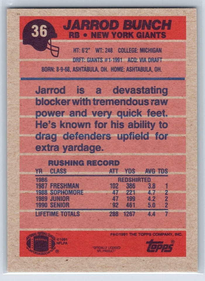 1991 TOPPS NFL Football Draft Pick Card #36 - Jarrod Bunch, New York ...