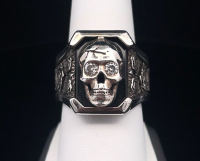 NIGHTRIDER Sterling Silver Skull & Rose Ring W/Black Onyx And ...