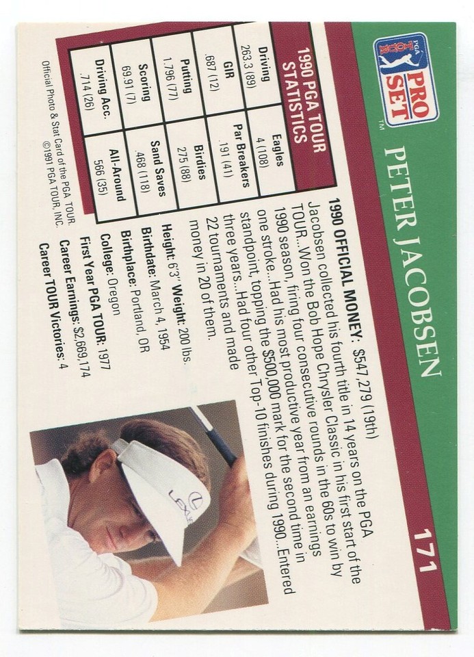 1991 Pro Set PGA Tour Golf Peter Jacobsen Signed Card Autographed #171 ...