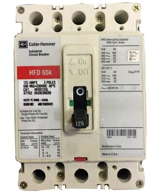 HFD3125 Cutler Hammer 125 Amp 600V 3 Pole Circuit Breaker --SES | eBay