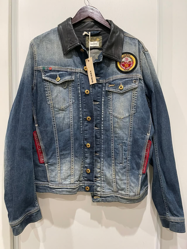 DIESEL XL Reboot Jacket Denim Trucker Blue Denim Leather Patches Collar ...