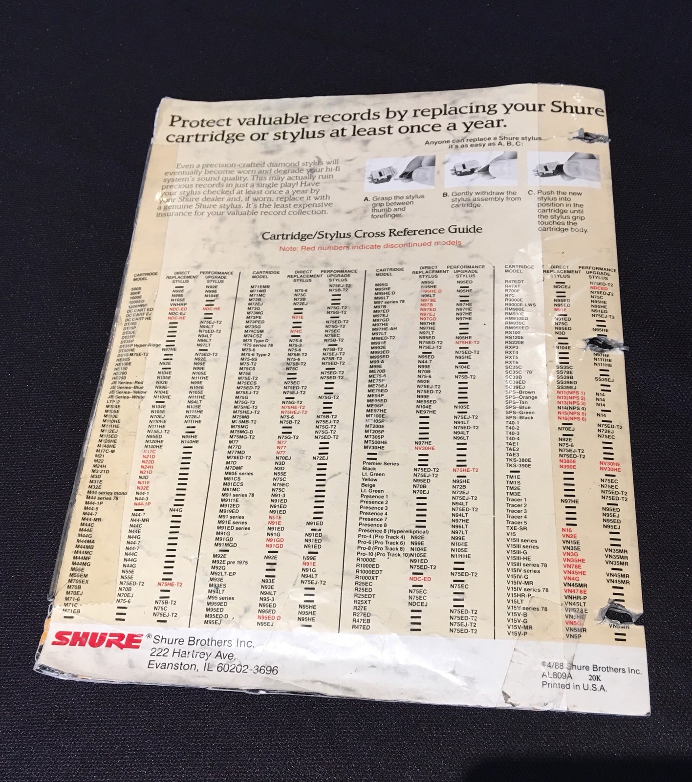 Shure Stylus Replacement Guide "Original Vintage" Color Pictorial Cross ...