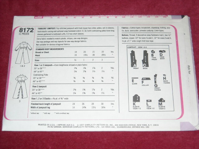 💐 1977 UNCIRCULATED SIMPLICITY #8172-TODDLER 3 STYLE JUMPSUIT PATTERN 2 ...