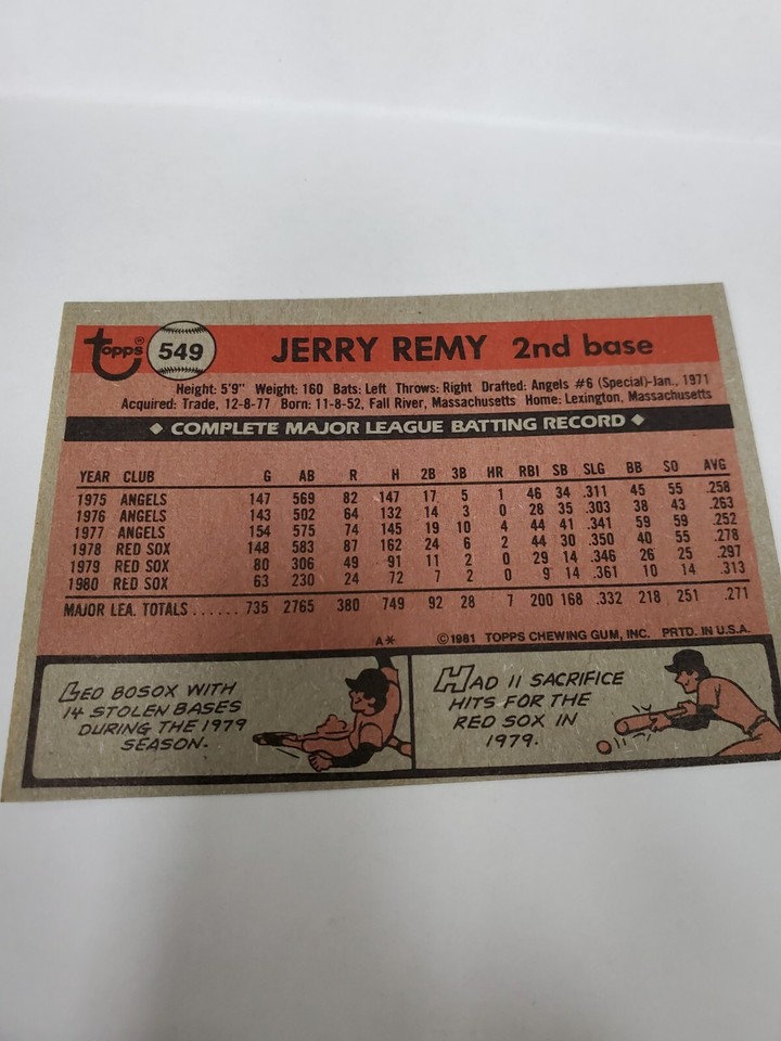1981 Topps #549 Jerry Remy Red Sox | eBay