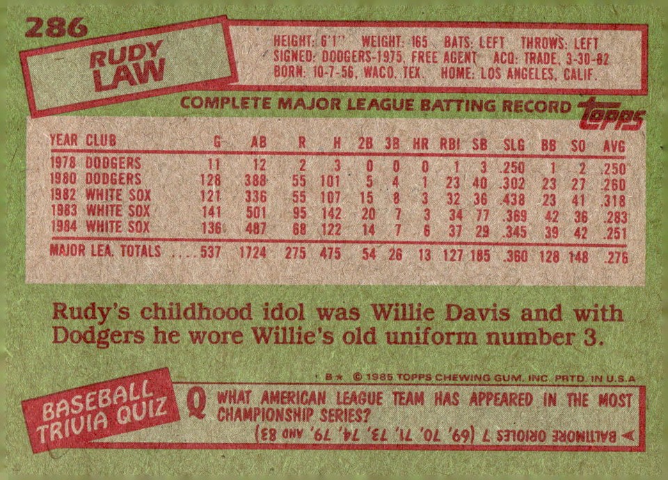 1985 Topps #286 Rudy Law - Chicago White Sox | eBay