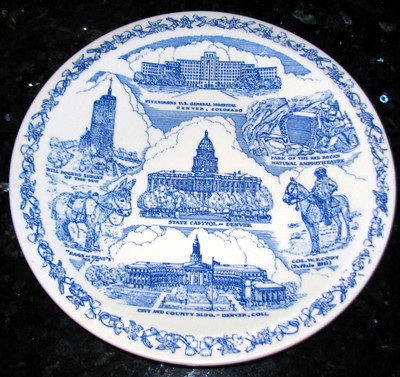 Vintage COLORADO Denver Buffalo Bill Red Rock*Vernon Kilns Blue Plate ...