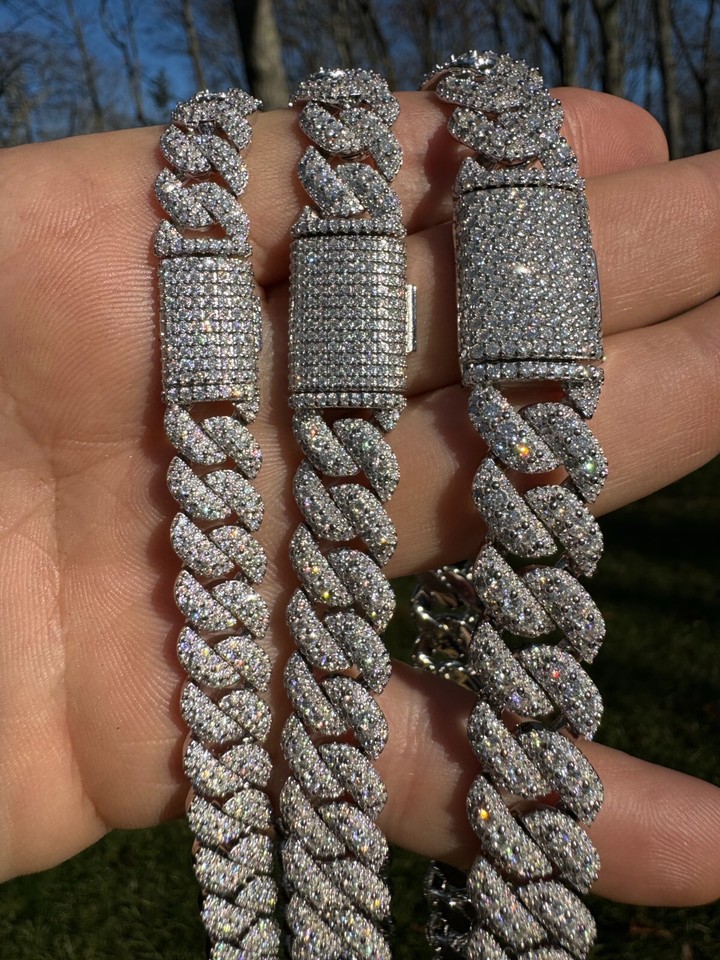 MOISSANITE Real Miami Cuban Link Chain Iced Hip Hop 925 Silver Necklace ...