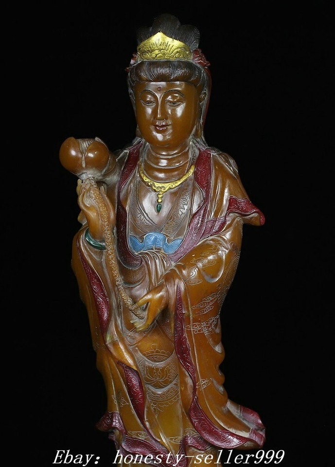 11.8" China Shoushan Stone Gold Painting Western Shakyamuni Kwan-yin ...