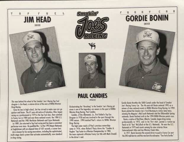 VRHTF NHRA VTG "SMOKIN JOES' JIM HEAD, GORDIE BONIN, PAUL CANDIES TEAM ...