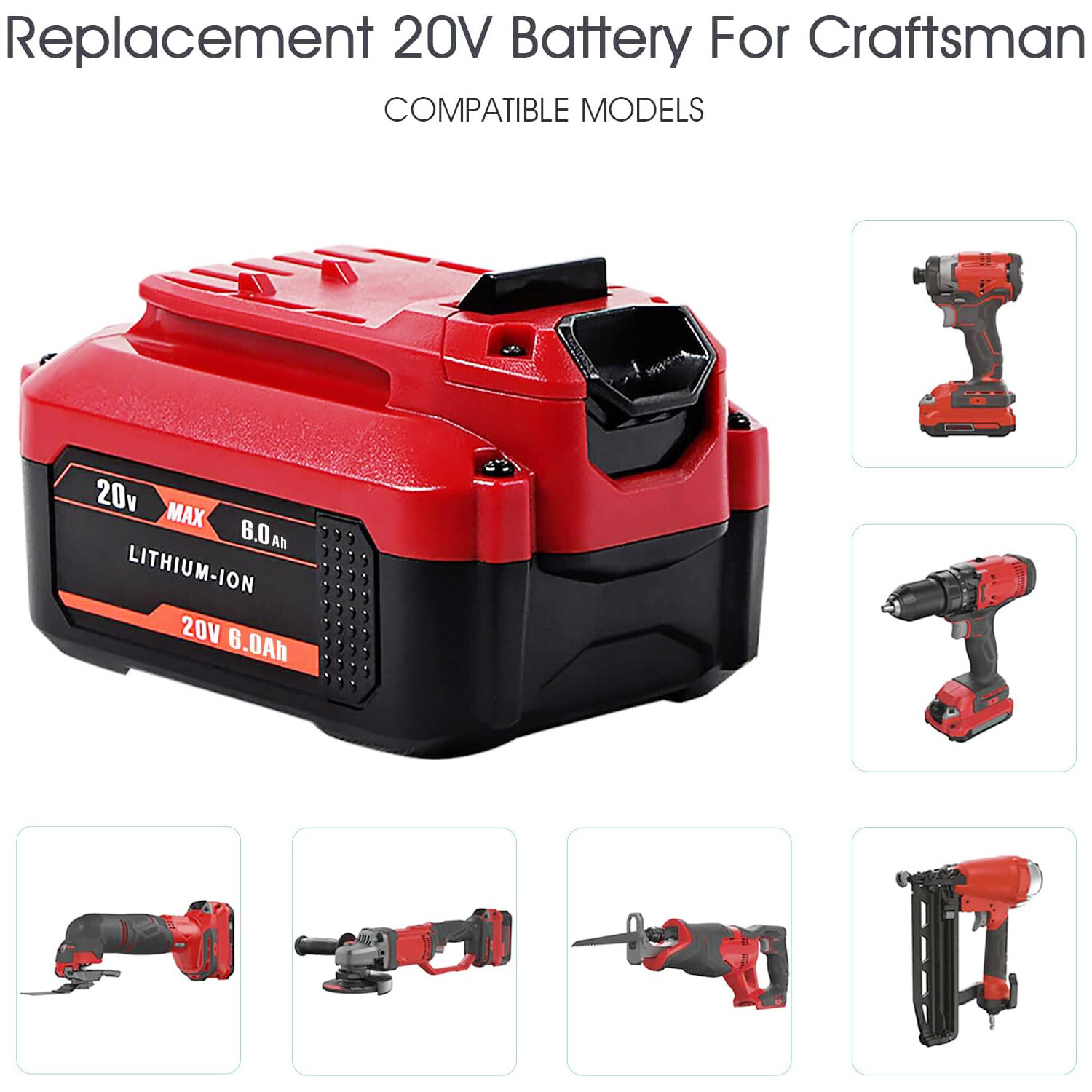 2pack For Craftsman V20 Li-Ion Battery 6.0Ah 20 Volt Max CMCB206 ...