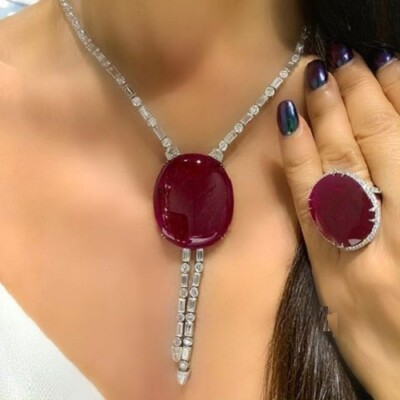 Huge Oval Cabochon Lab Ruby Necklace 925 Silver Extraordinary Piece Hig Jewelry | eBay