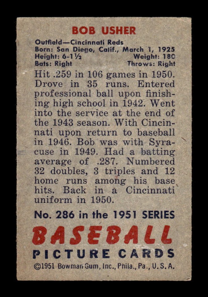 1951 Bowman Baseball #286 Bob Usher VGEX Cincinnati Reds | eBay