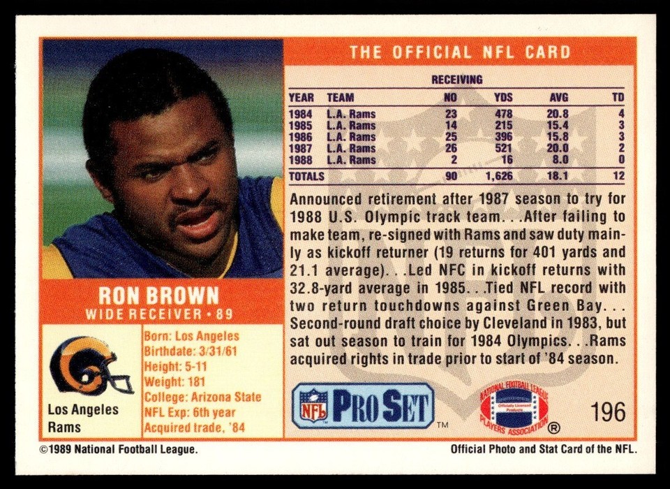 1989 Pro Set Ron Brown Los Angeles Rams #196 | eBay
