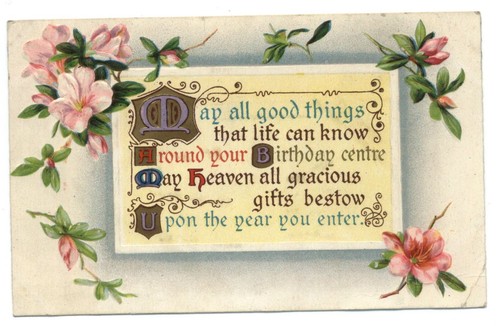 BIRTHDAY pink flower MAF Publ fancy Old English font 1911 Beardsley KS ...