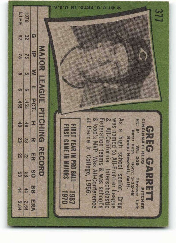 1971 Topps #377 Greg Garrett EX/NM Reds ID:320447 | eBay