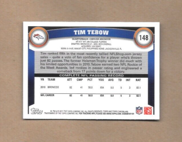 2011 Topps Chrome Football Tim Tebow Card #148 Denver Broncos NM/MT | eBay