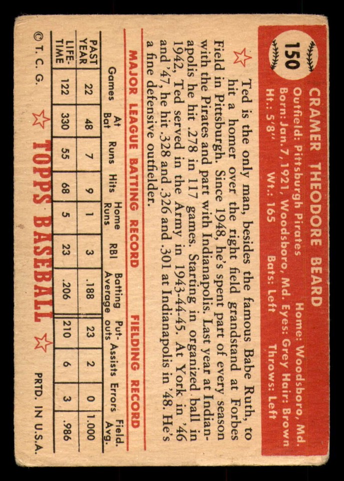 1952 Topps #150 Ted Beard Poor Pirates ID:369199 | eBay