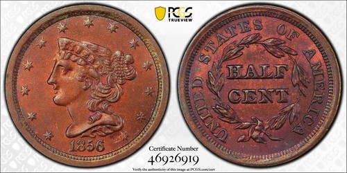 1856 Braided Hair US Copper Half Cent 1/2C, PCGS uncirculated details ...
